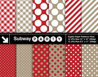 Sock Monkey Party Digital Papers. Taupe Red Polka Dots, Gingham ...