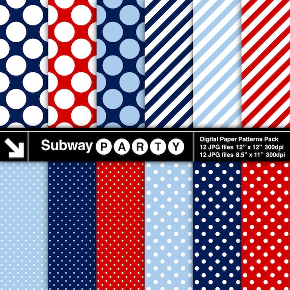 Nautical Polka Dots and Candy Stripes Digital Papers in Navy, Blue, Red ...