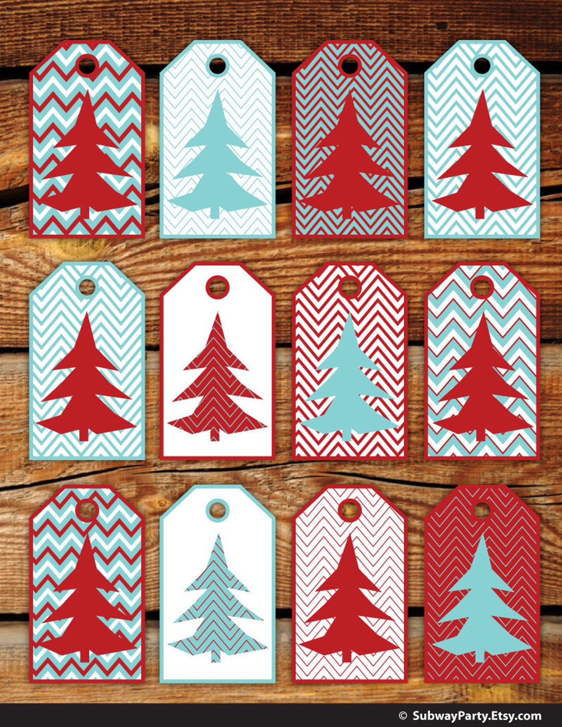 Printable Christmas Gift Tags in Aqua Blue and Red Chevron | Etsy