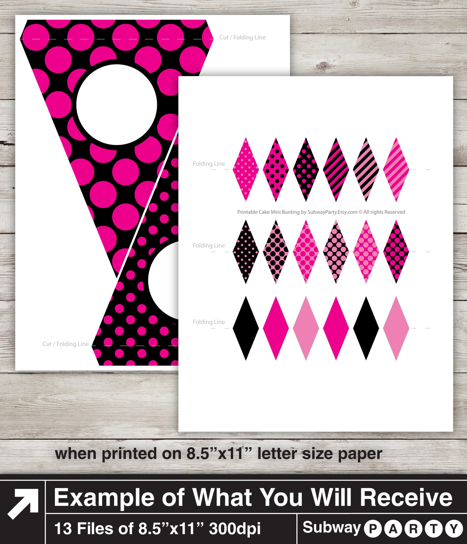 Hot Pink and Black Printable Party Banner & Mini Cake Bunting. | Etsy