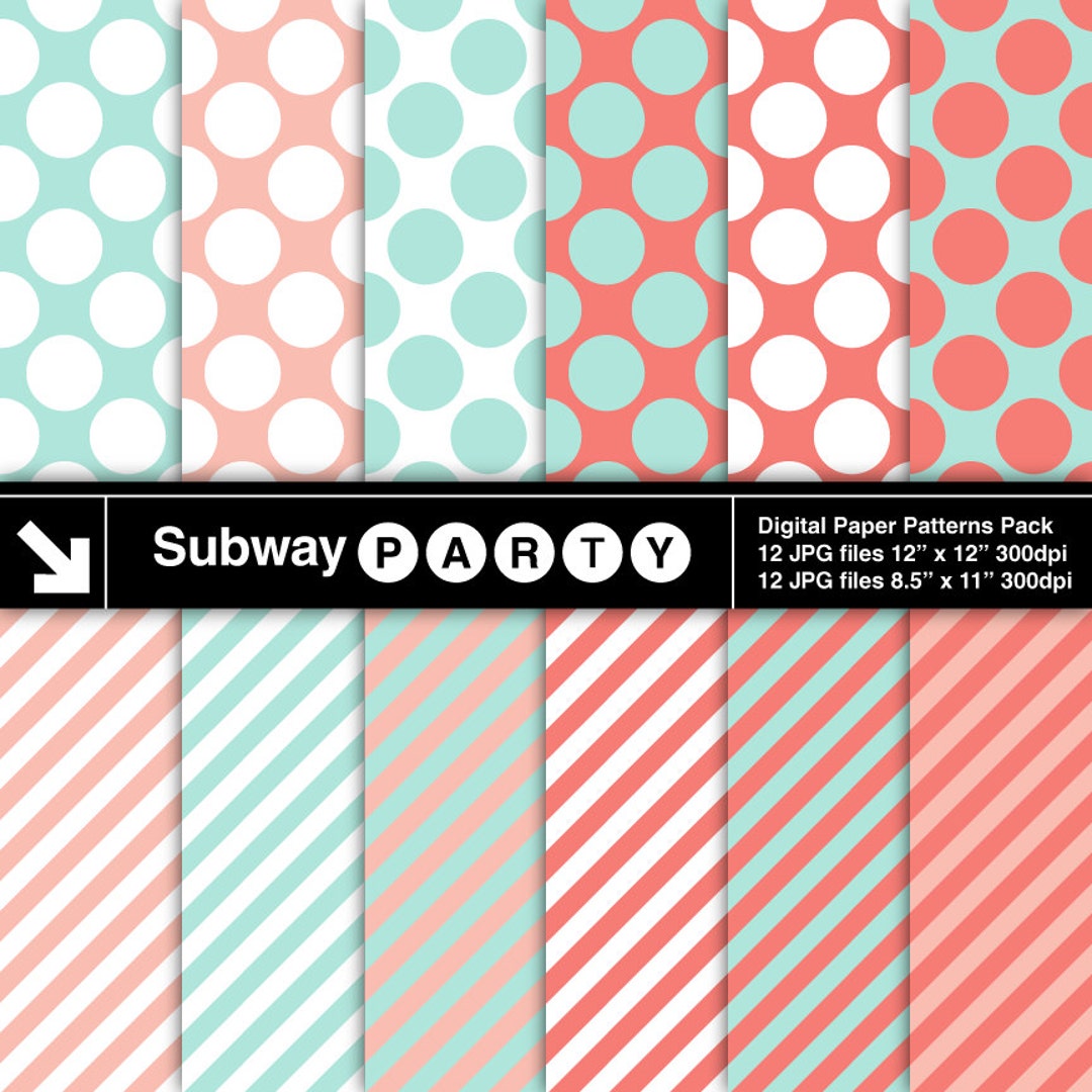 Mint Coral Polka Dots and Stripes Digital Papers. Peach Pink Mint Jumbo ...