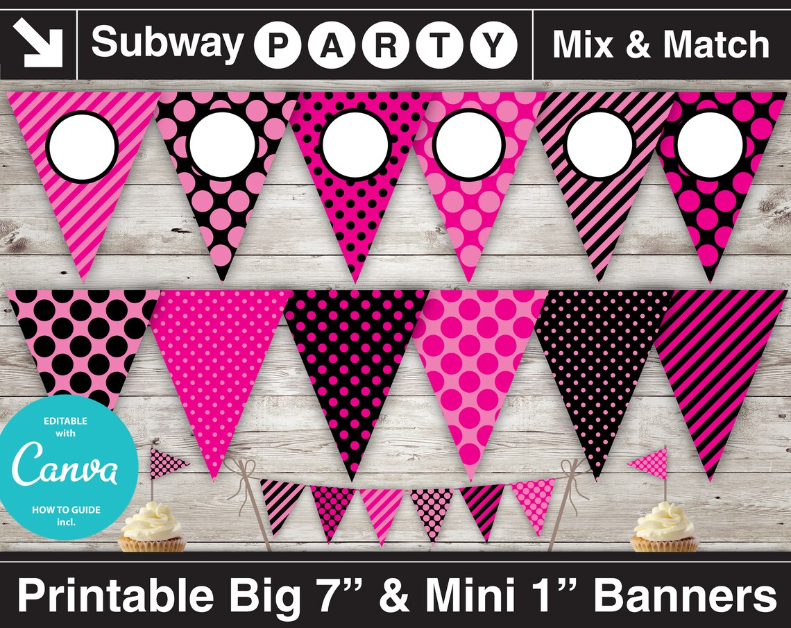 Hot Pink and Black Printable Party Banner & Mini Cake Bunting. | Etsy
