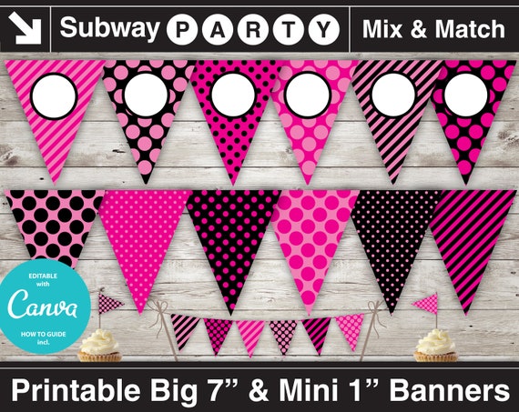 Hot Pink and Black Printable Party Banner & Mini Cake Bunting. | Etsy
