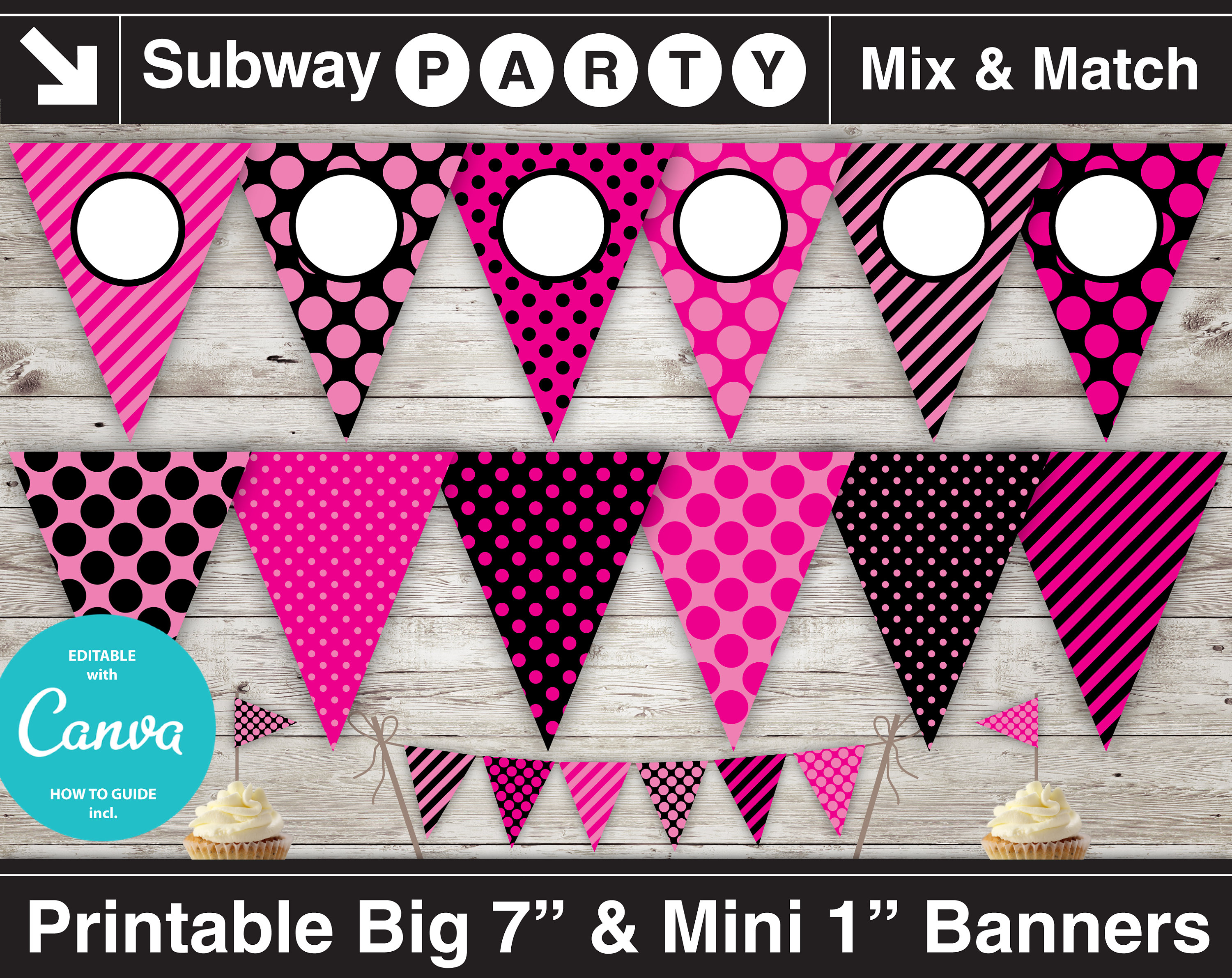 Hot Pink and Black Printable Party Banner & Mini Cake Bunting ...