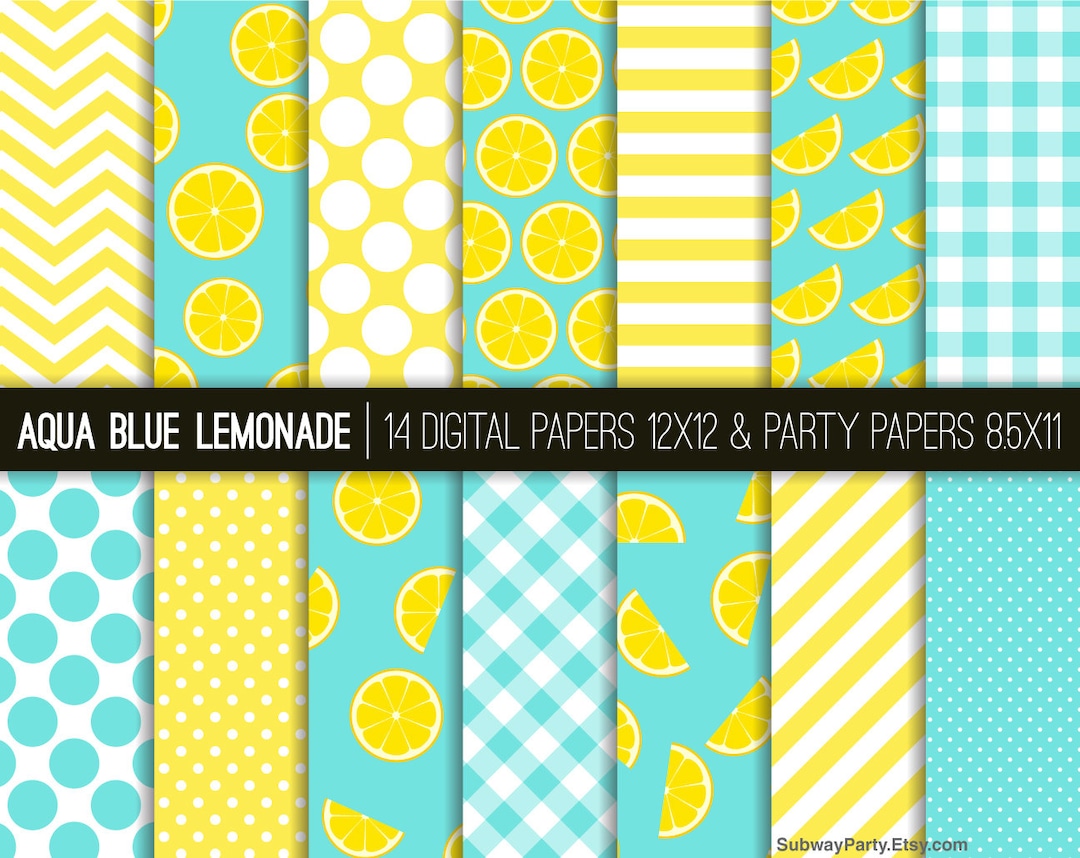 Aqua Blue and Yellow Lemonade Digital Papers 12”x12” & 8"x11" Party ...
