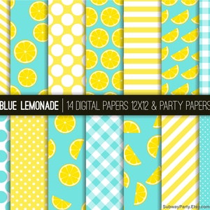 Aqua Blue and Yellow Lemonade Digital Papers 12”x12” & 8"x11" Party ...