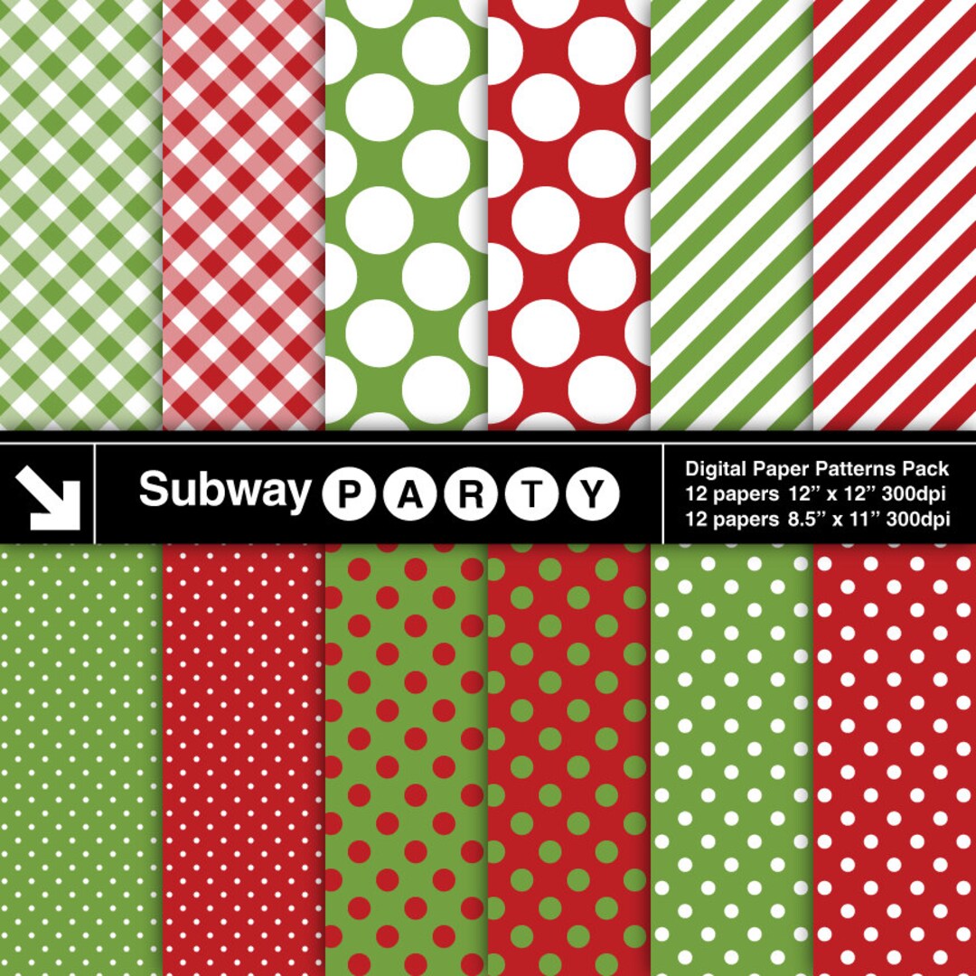 Christmas Digital Papers Pack in Red and Green Polka Dots, Stripes ...