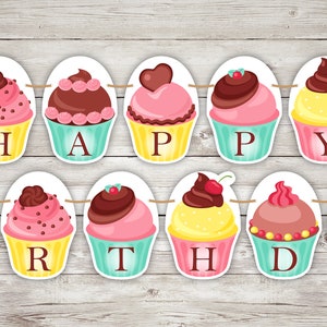 Printable Cupcake Party Banner. Happy Birthday Garland. Chocolate and ...