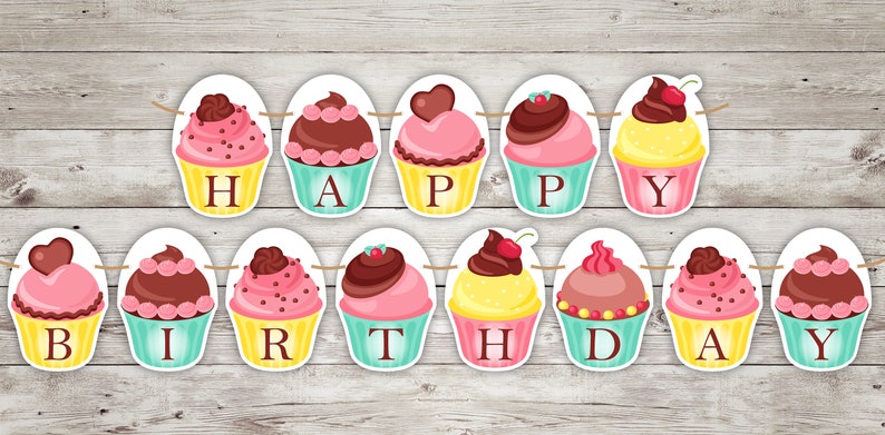 Printable Cupcake Party Banner. Happy Birthday Garland. Chocolate and ...