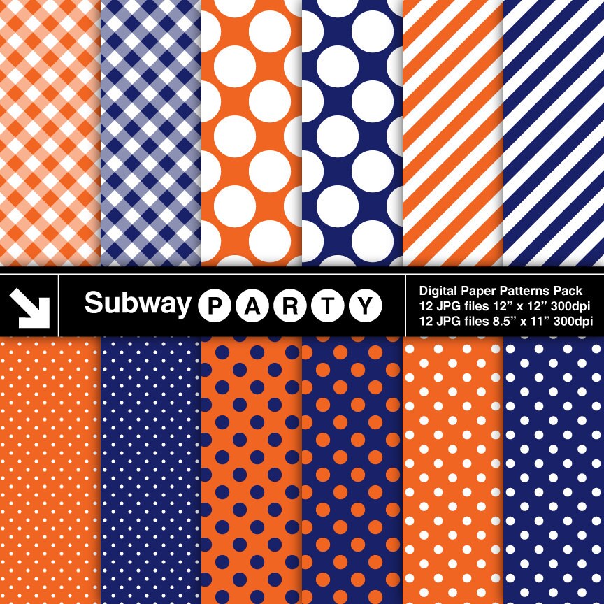 Navy Blue and Orange Digital Papers Pack in Polka Dots, Stripes ...