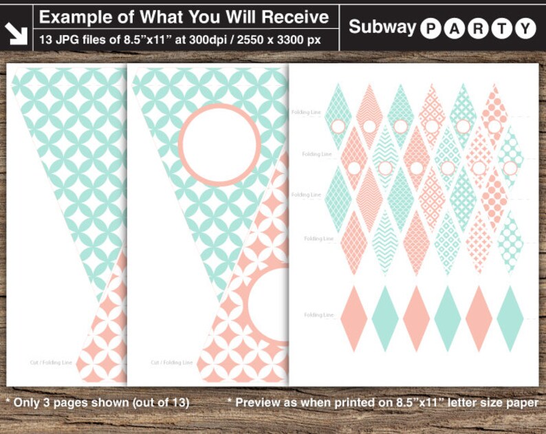 Mint Coral Printable Party Banner & Mini Cake Bunting. Girly | Etsy