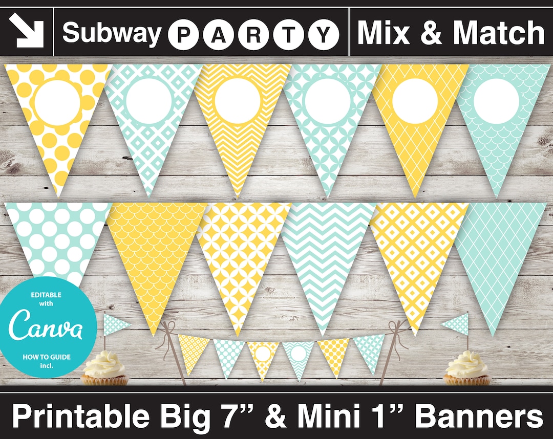 Yellow Mint Printable Party Banner & Mini Cake Bunting. Spring Fresh ...