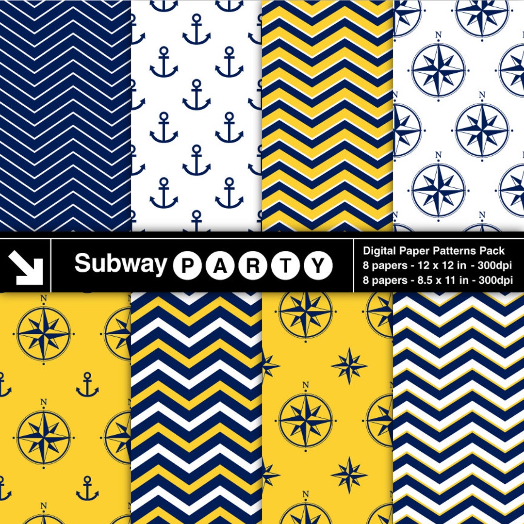 Nautical Yellow, Navy and White Digital Papers. Chevron, Anchors ...