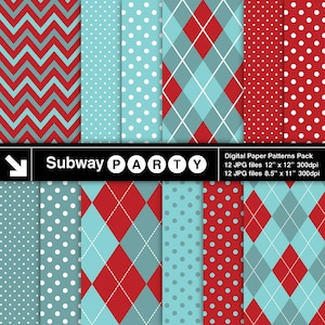 Two-tone Aqua Blue and Red Chevron, Argyle & Polka Dots Digital Papers ...