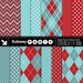 Two-tone Aqua Blue and Red Chevron, Argyle & Polka Dots Digital Papers ...