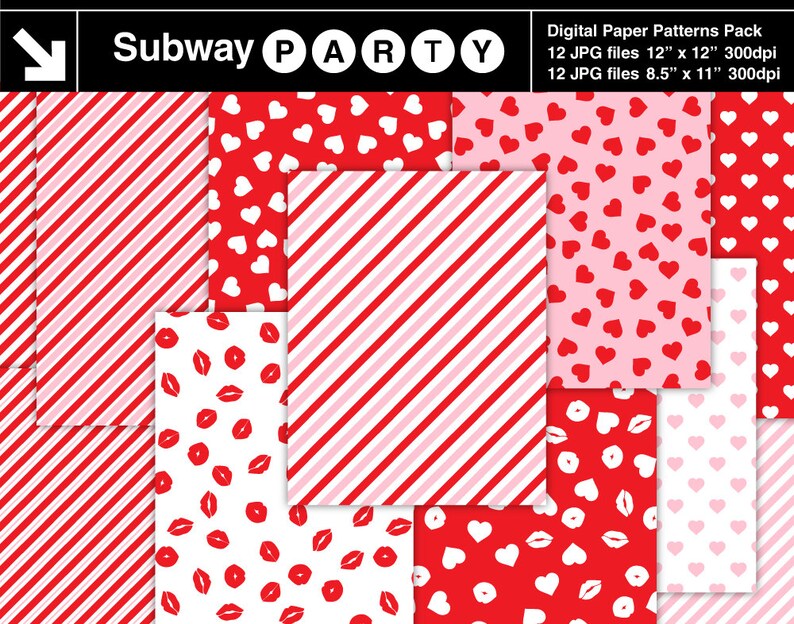 Valentine's Day Digital Papers. Pink Red Stripes, Hearts & Lipstick ...