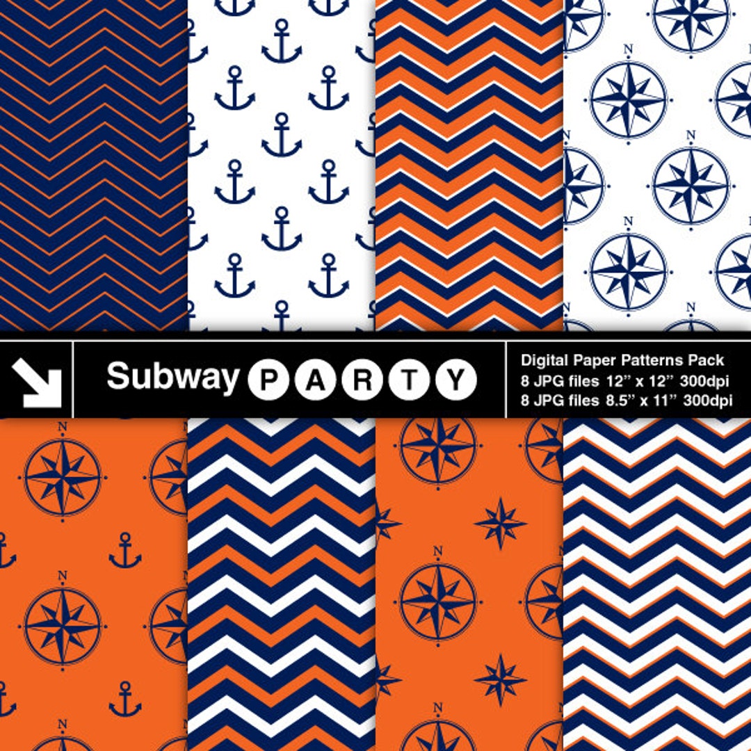 Nautical Orange, Navy Blue and White Digital Papers. Chevron Anchor ...