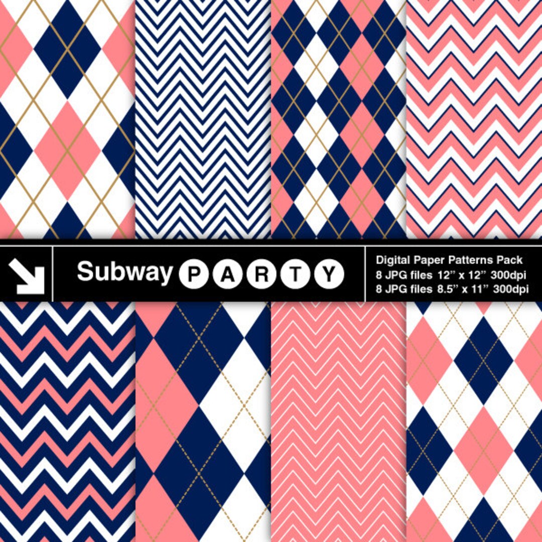 Navy, Coral, White and Gold Chevron and Argyle Digital Papers Pack ...