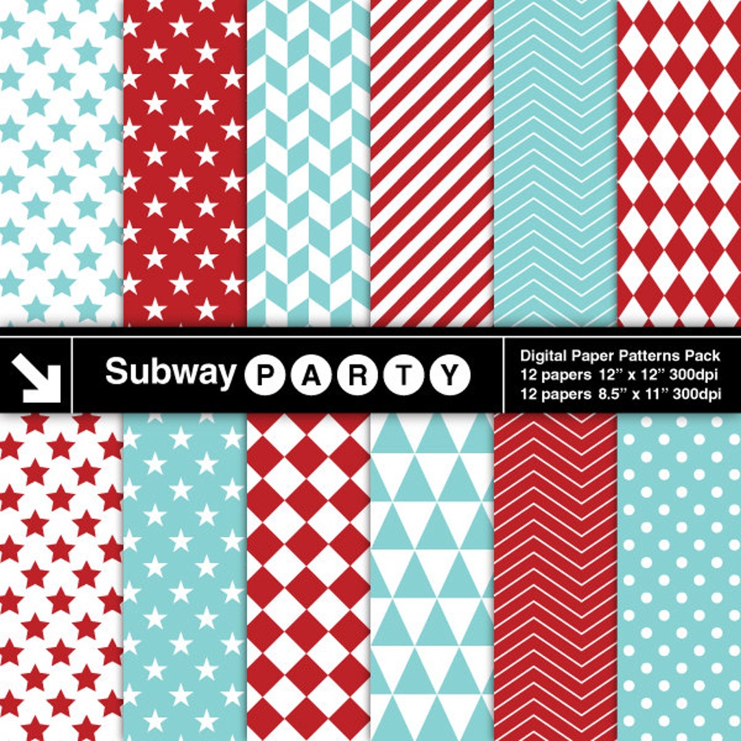 Aqua Blue and Red Geometric Digital Papers. Chevron, Checks, Stars ...