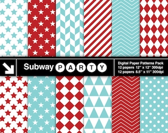 Aqua Blue and Red Geometric Digital Papers. Chevron, Checks, Stars ...