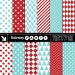Aqua Blue and Red Geometric Digital Papers. Chevron, Checks, Stars ...