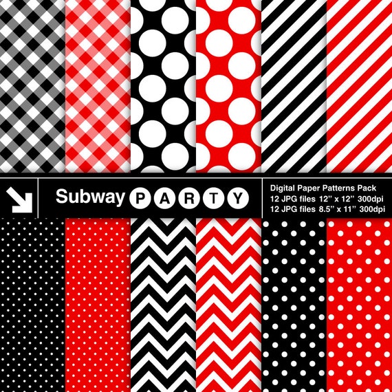 Red, Black and White Chevron, Polka Dots, Stripes & Gingham Digital ...