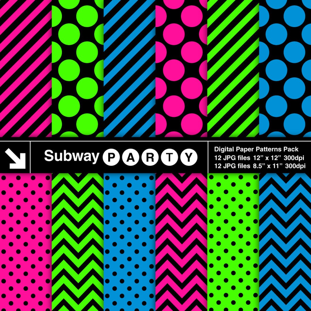 Classic Neon Colors Digital Papers. Pink, Blue, Lime Chevron, Dots ...
