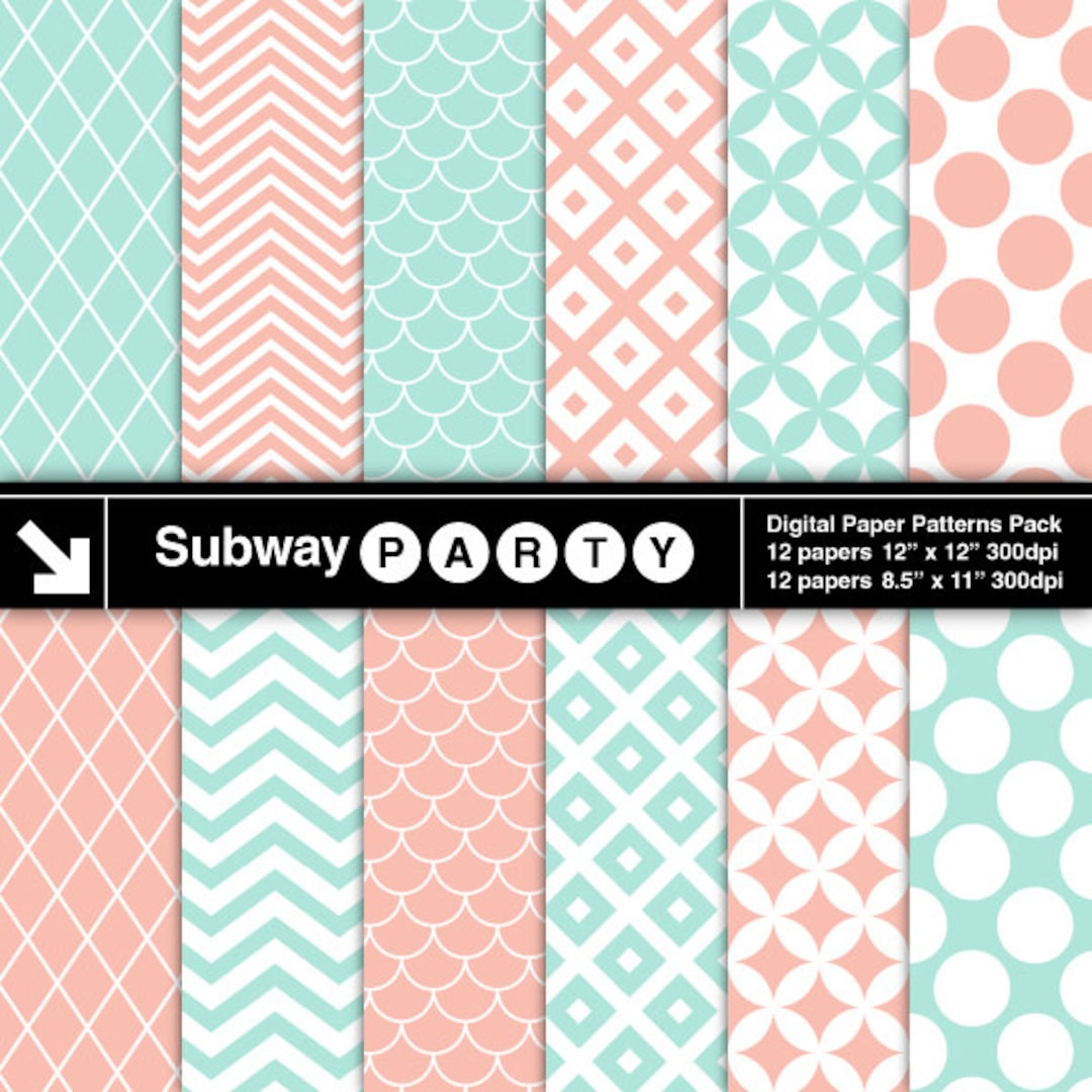 Mint Coral Digital Papers. Chevron, Diamond, Lattice, Trellis, Scallops ...