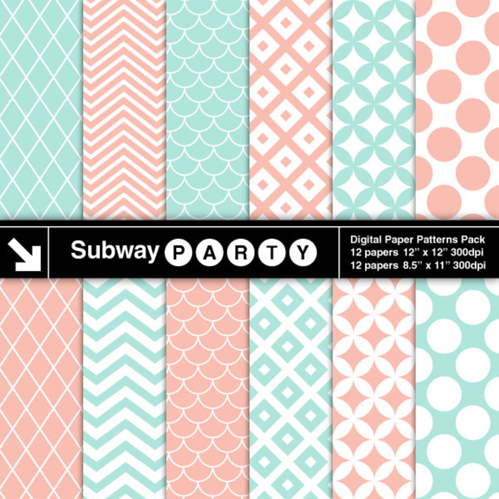 Mint Coral Digital Papers. Chevron Diamond Lattice Trellis | Etsy