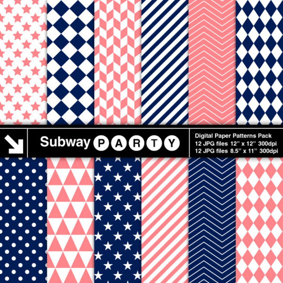 Navy, Coral and White Geometric Digital Papers. Chevron, Checks, Stars ...