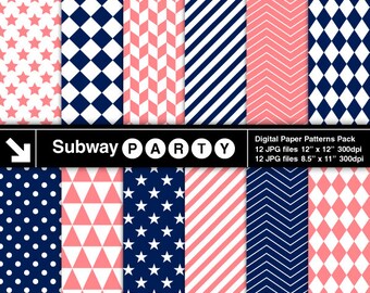 Navy Coral and White Geometric Digital Papers. Chevron - Etsy