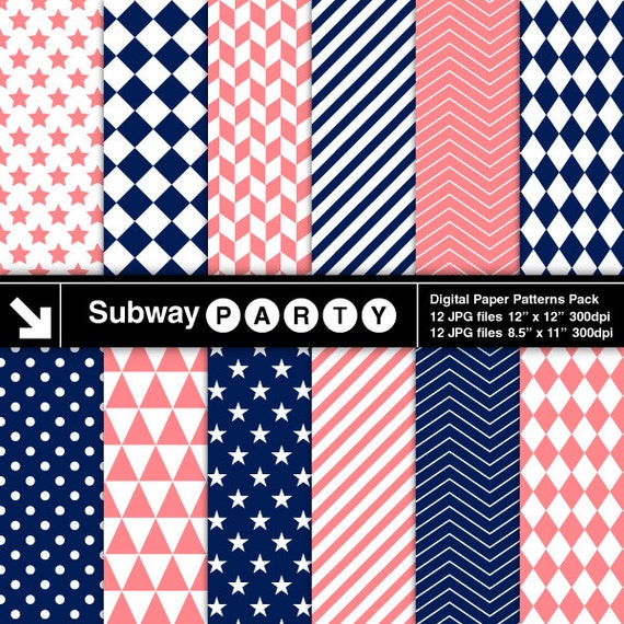 Navy Coral and White Geometric Digital Papers. Chevron - Etsy