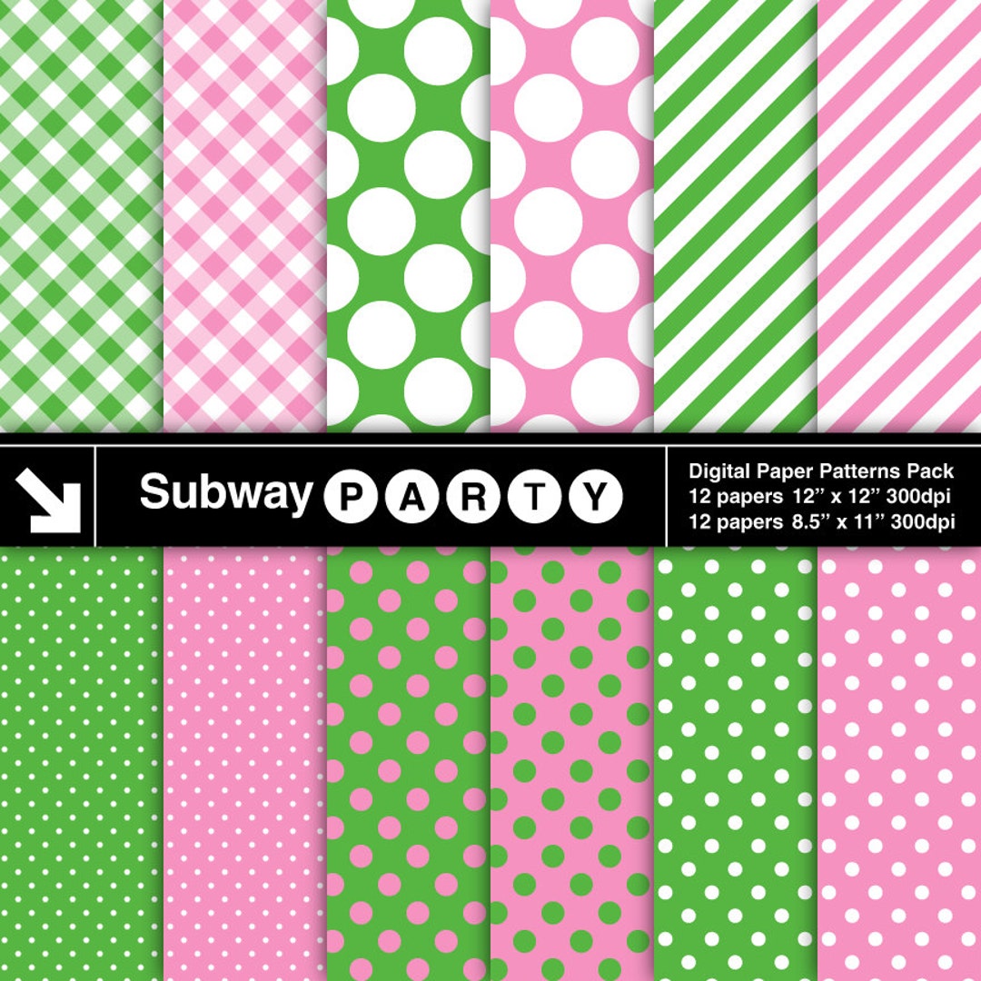 Pink and Green Digital Papers Pack in Polka Dot, Stripes & Gingham ...