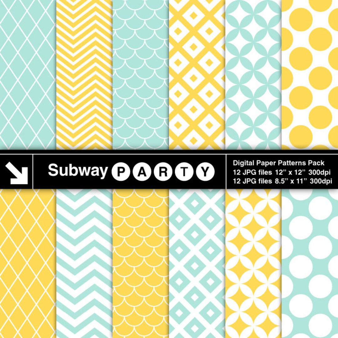 Yellow Mint Digital Papers. Chevron, Diamond, Lattice, Trellis ...
