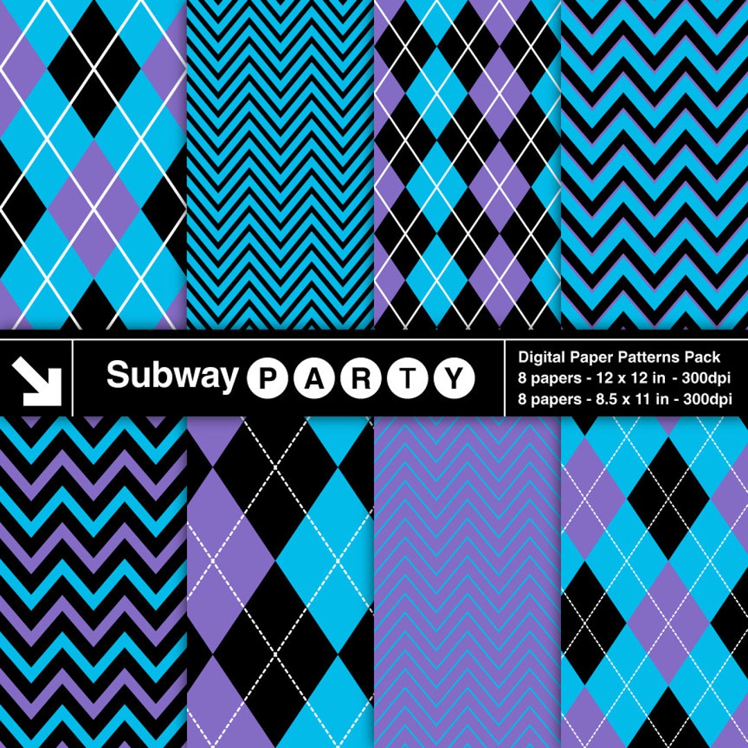 Monsters Party Digital Papers Pack in Blue, Purple & Black Chevron and ...