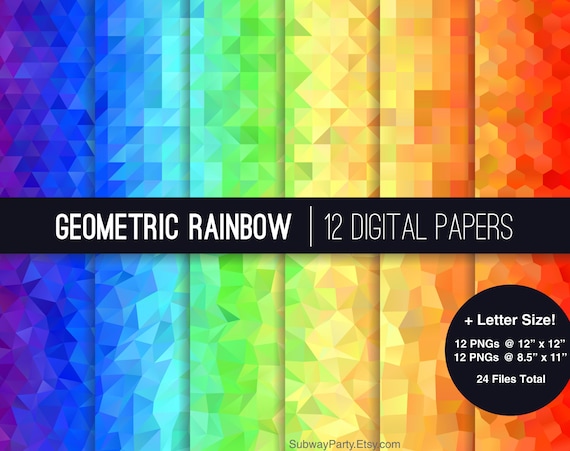 Rainbow Gradient Digital Papers. Low Poly Geometric 3D Patterns ...