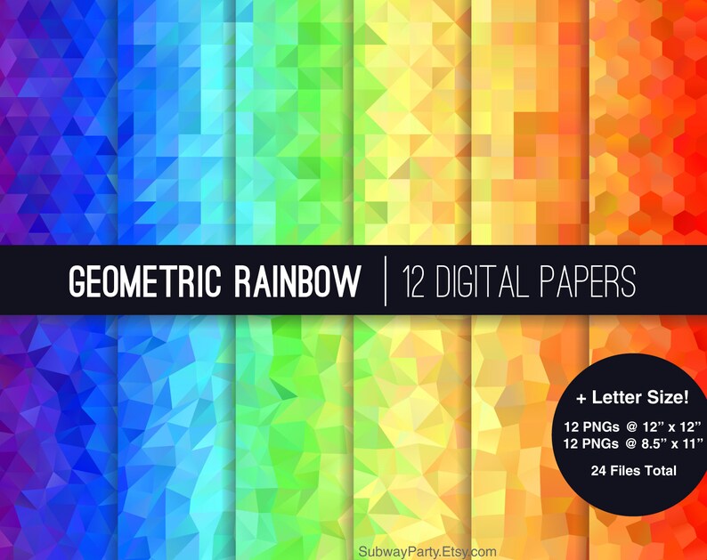 Rainbow Gradient Digital Papers. Low Poly Geometric 3D Patterns ...