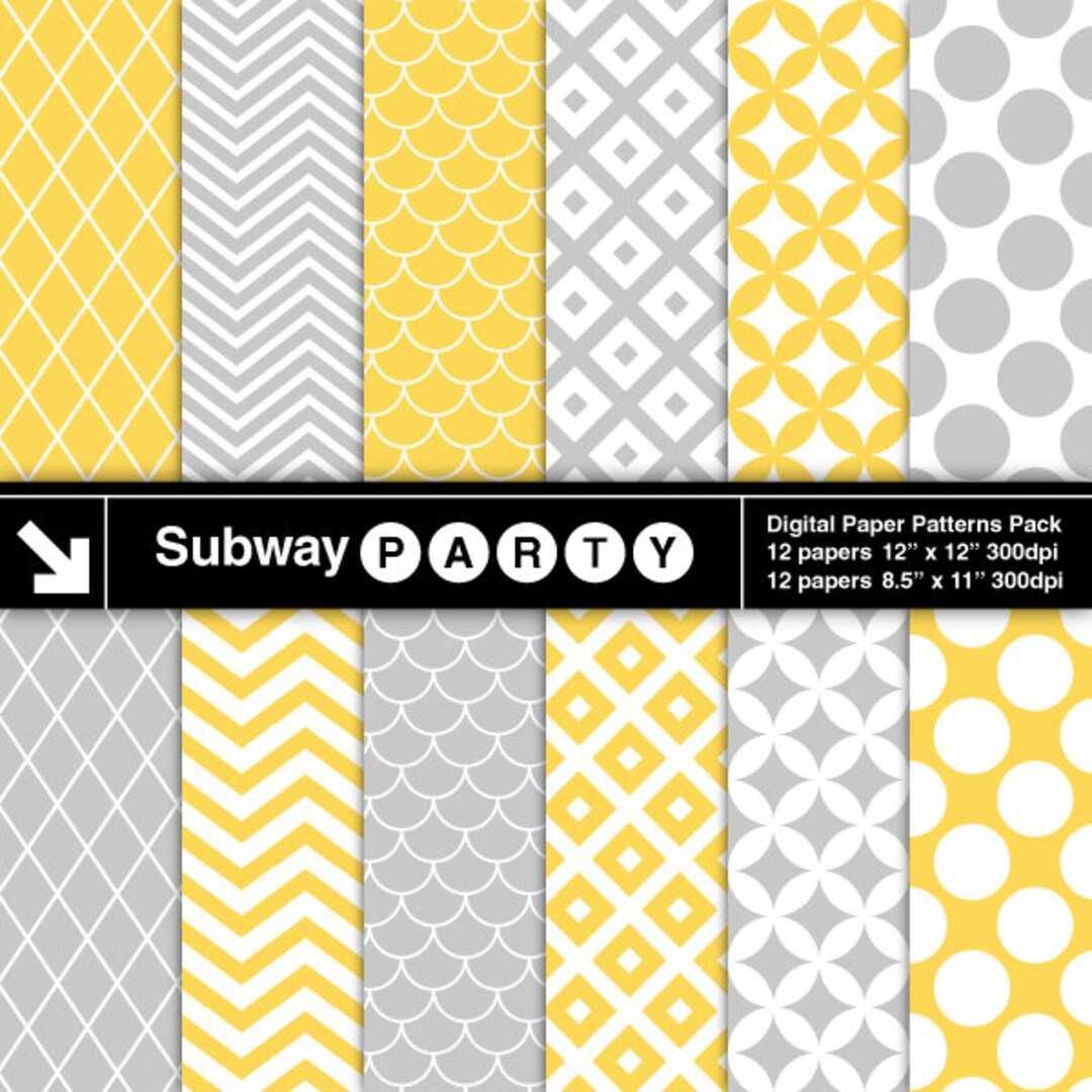 Gray and Yellow Retro Mod Digital Papers in Diamond Lattice, Trellis ...