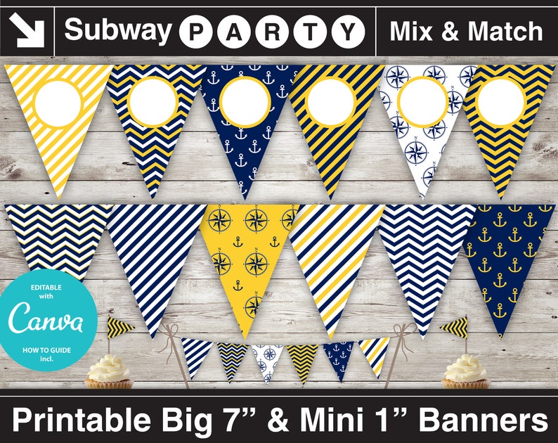 Printable Navy Yellow Nautical Party Banner and Mini Cake - Etsy