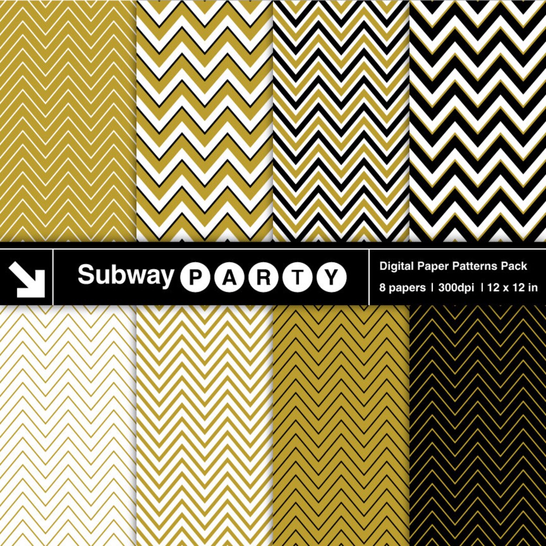 Gold, Black and White Chevron Digital Papers. Retro Art Deco Style ...