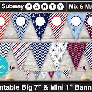 Nautical Party Printable Banner and Mini Cake Bunting. Red White Blue ...