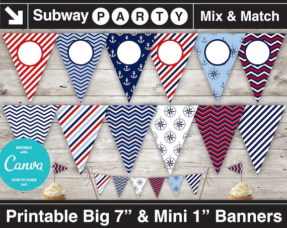Nautical Party Printable Banner and Mini Cake Bunting. Red White Blue ...