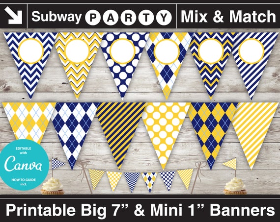 Navy Blue and Yellow Printable Banner & Mini Cake Bunting. Argyle ...
