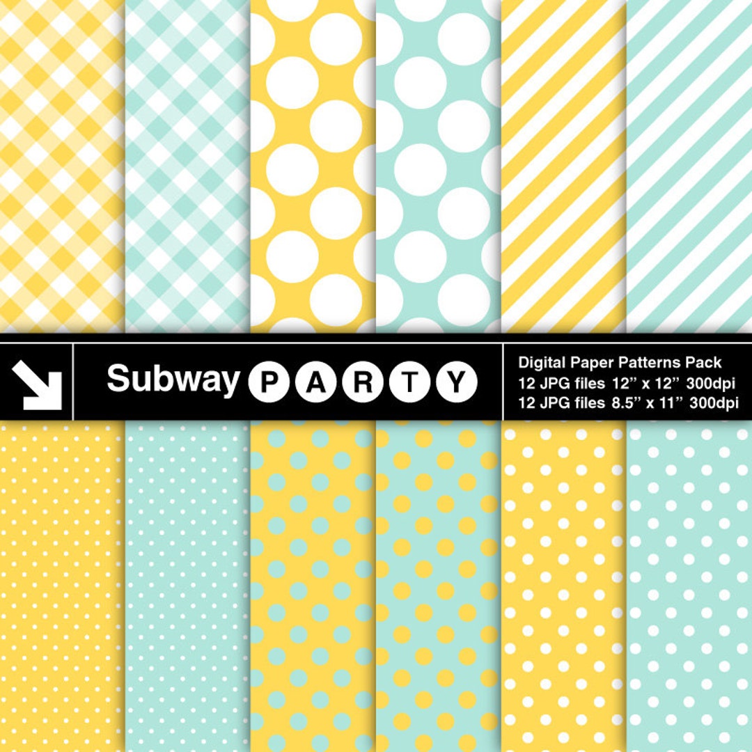 Yellow Mint Gingham, Polka Dots and Candy Stripes Digital Papers Pack ...