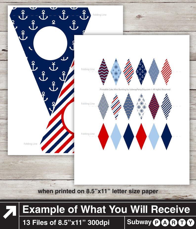 Nautical Party Printable Banner and Mini Cake Bunting. Red White Blue ...