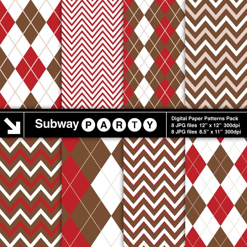 Sock Monkey Digital Papers Pack. Brown and Red Chevron and Argyle ...
