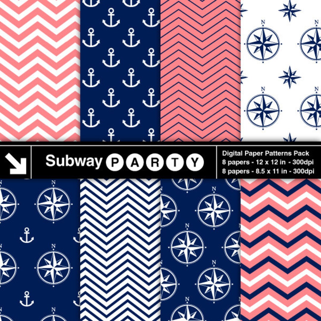 Nautical Navy and Coral Digital Papers Pack. Chevron, Anchors ...