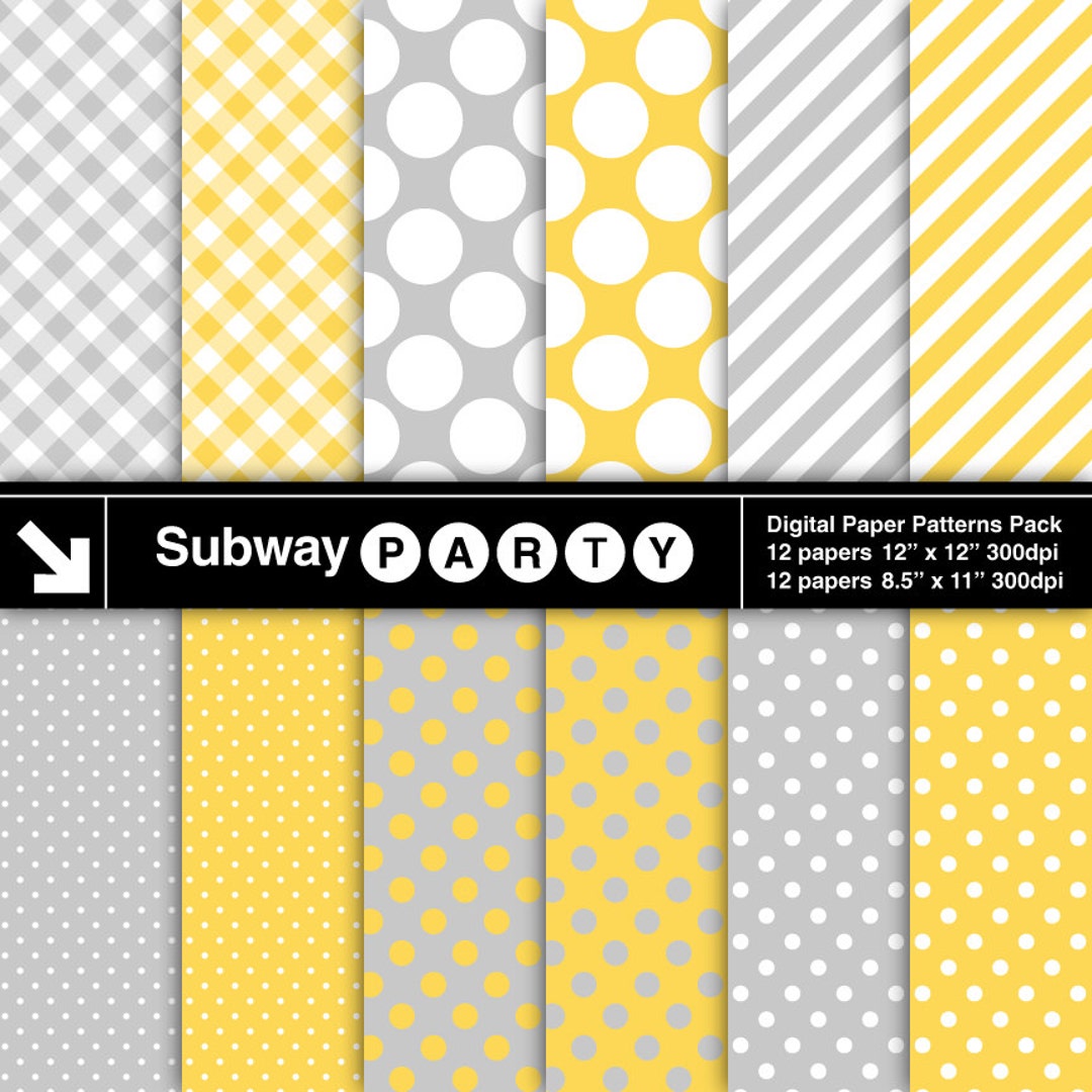 Pastel Gray and Yellow Digital Papers Pack in Polka Dots Stripes ...