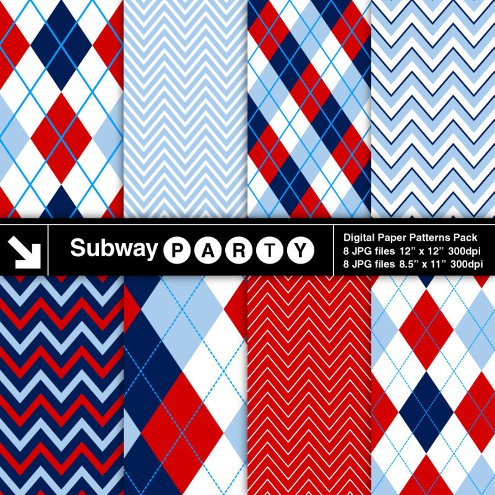 Red White Blue and Navy Argyle and Chevron Digital Papers. | Etsy