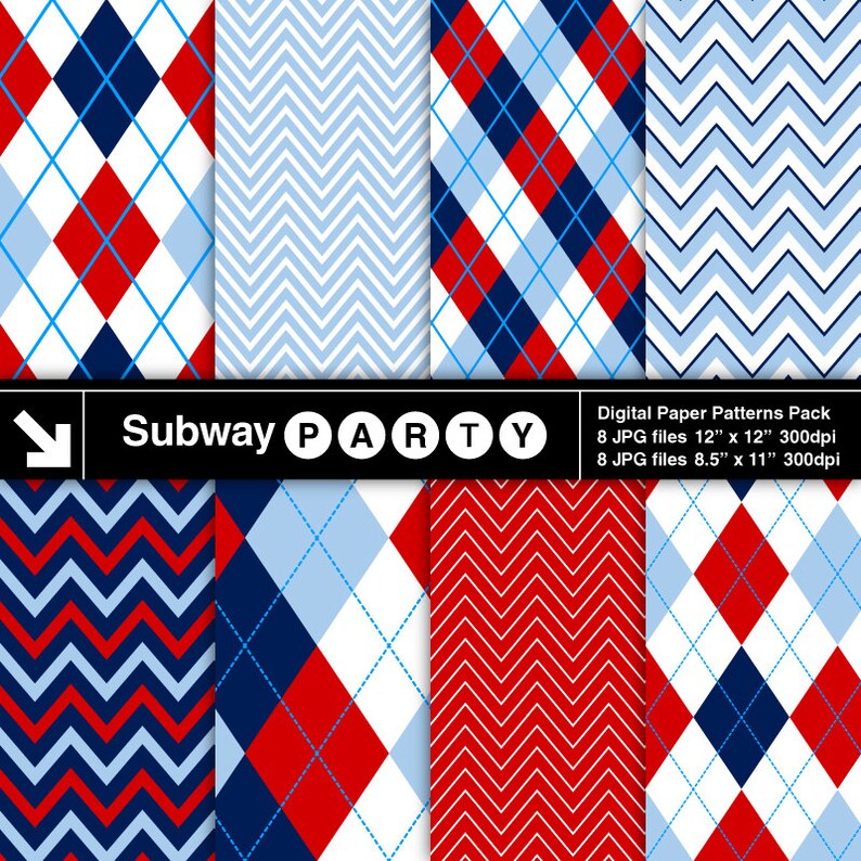 Red White Blue and Navy Argyle and Chevron Digital Papers. | Etsy